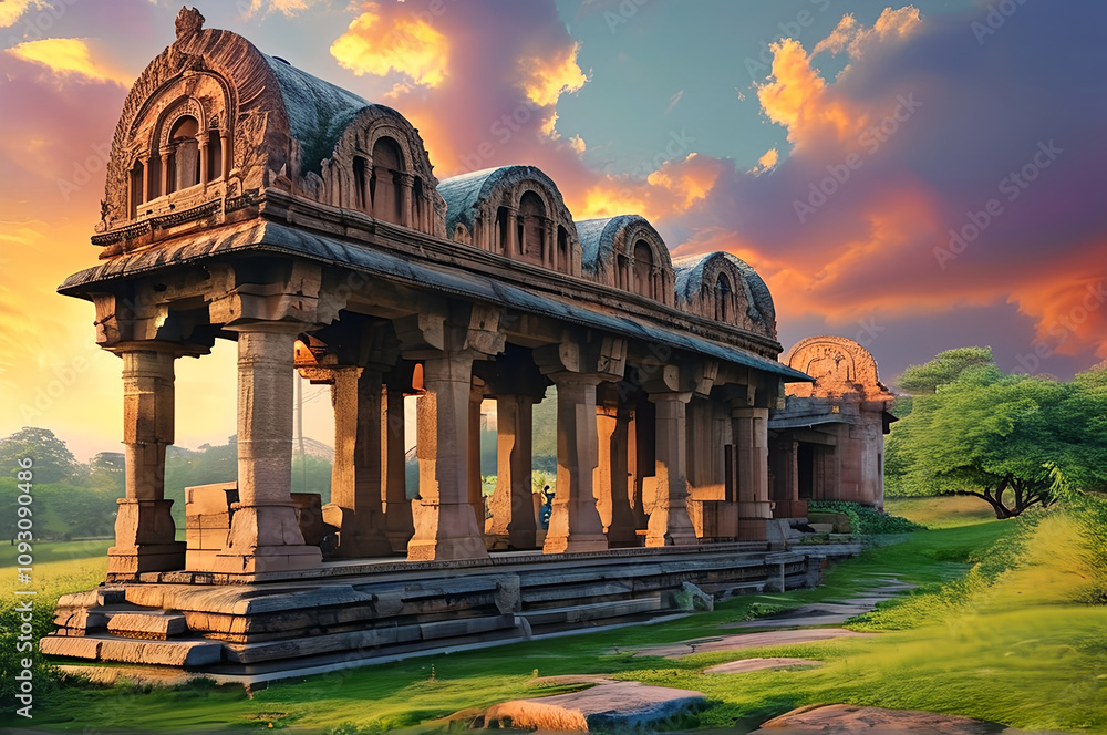 stunning ruins of a Hindu Temple, ancient stone structures, lush green ...