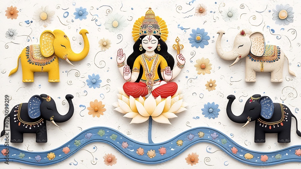 Radiant depiction of the Hindu goddess Lakshmi seated on a lotus flower ...