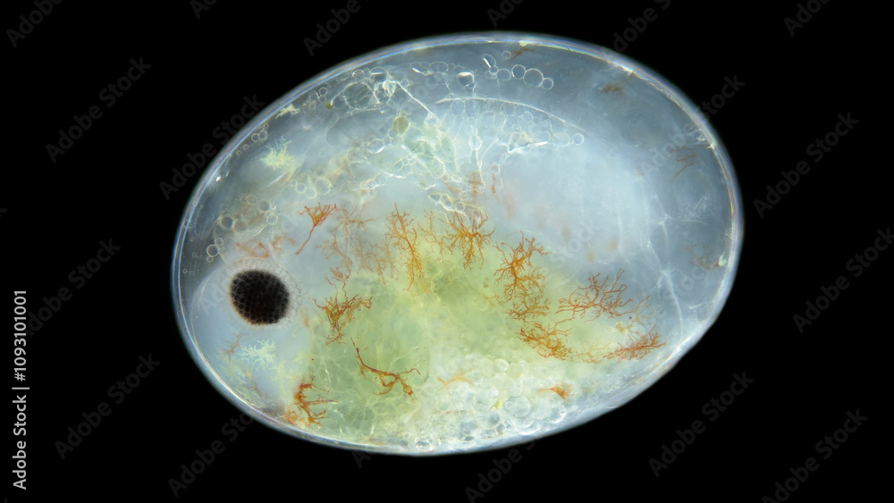 Shrimp egg Neocaridina heterpoda with embryo inside under microscope ...