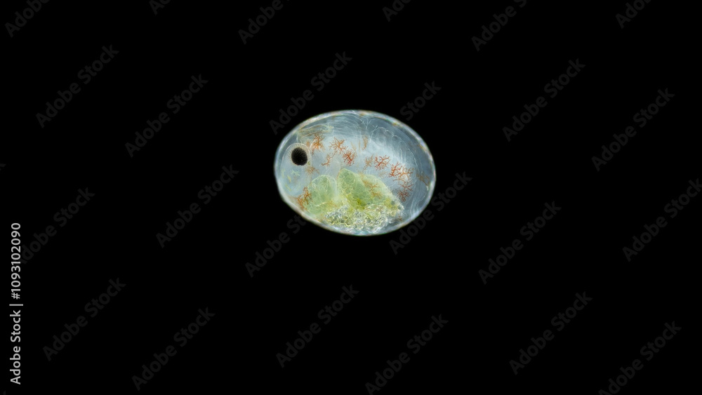 Shrimp egg Neocaridina heterpoda with embryo inside under microscope ...
