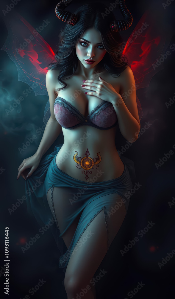 Стоковая иллюстрация «Seductive succubus queen with radiant tattoos and fiery horns, her curvy ...