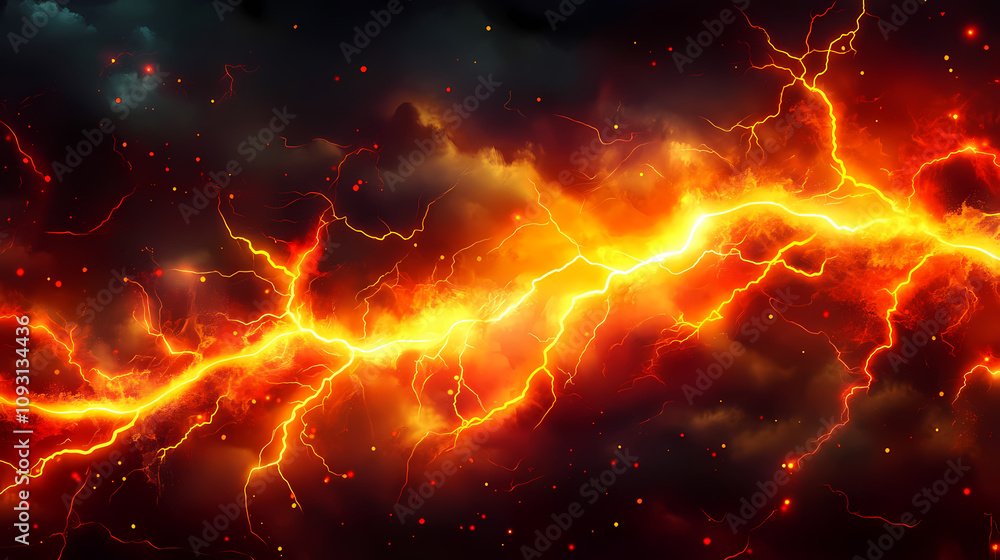 Red lightning on black sky background. Neon Lightning Strikes ...