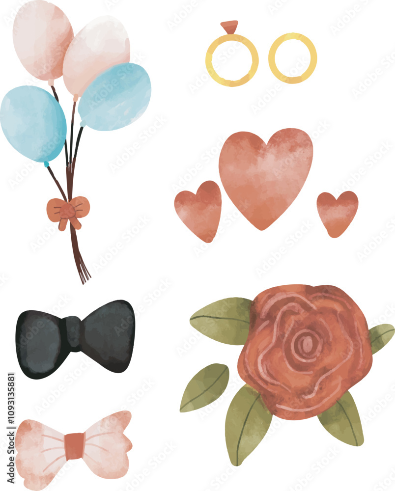 Watercolor wedding clipart set, wedding attributes, hand drawn wedding ...