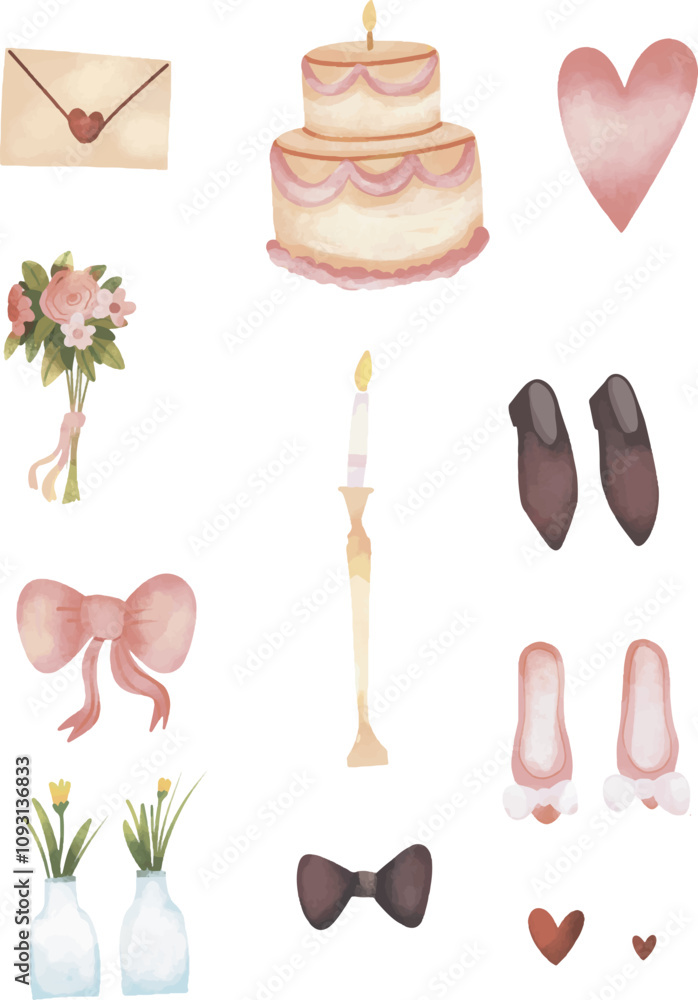 Watercolor wedding clipart set, wedding attributes, hand drawn wedding ...