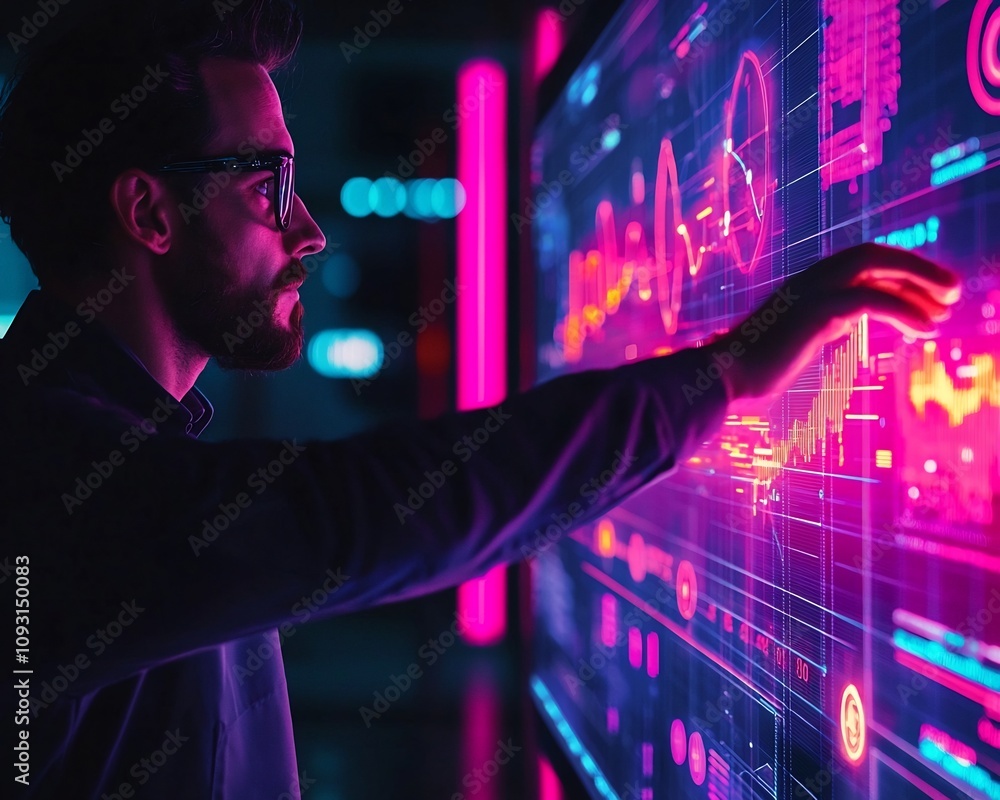 Business Owner Reviewing Glowing Risk Management Dashboard with AI ...