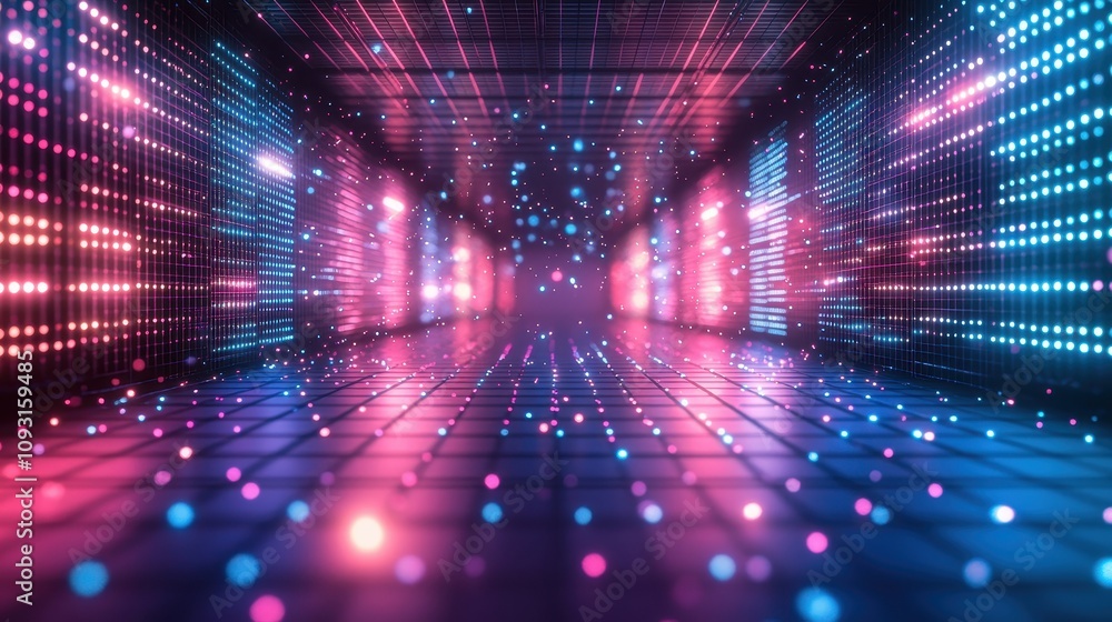 A glowing futuristic background with dynamic grid patterns in neon blue ...