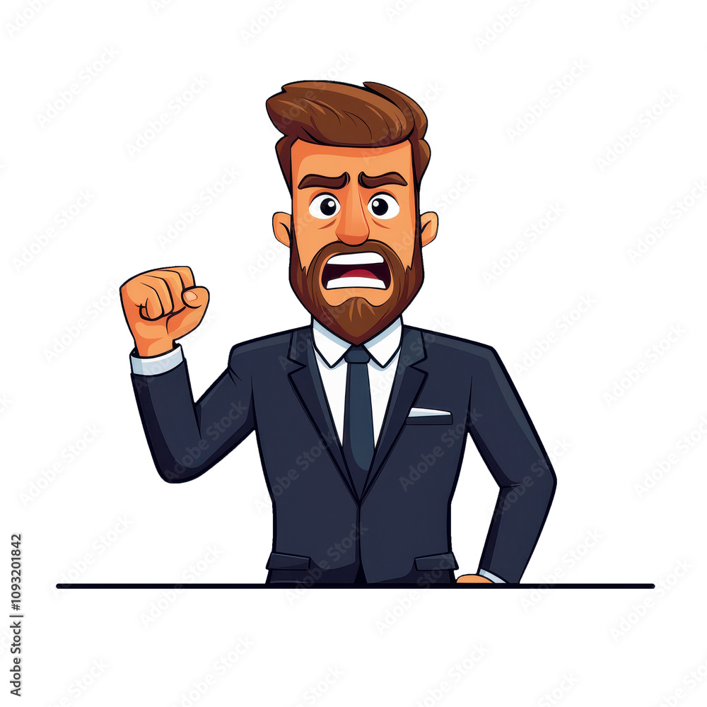 Angry cartoon man in suit expressing frustration with raised fist. His ...