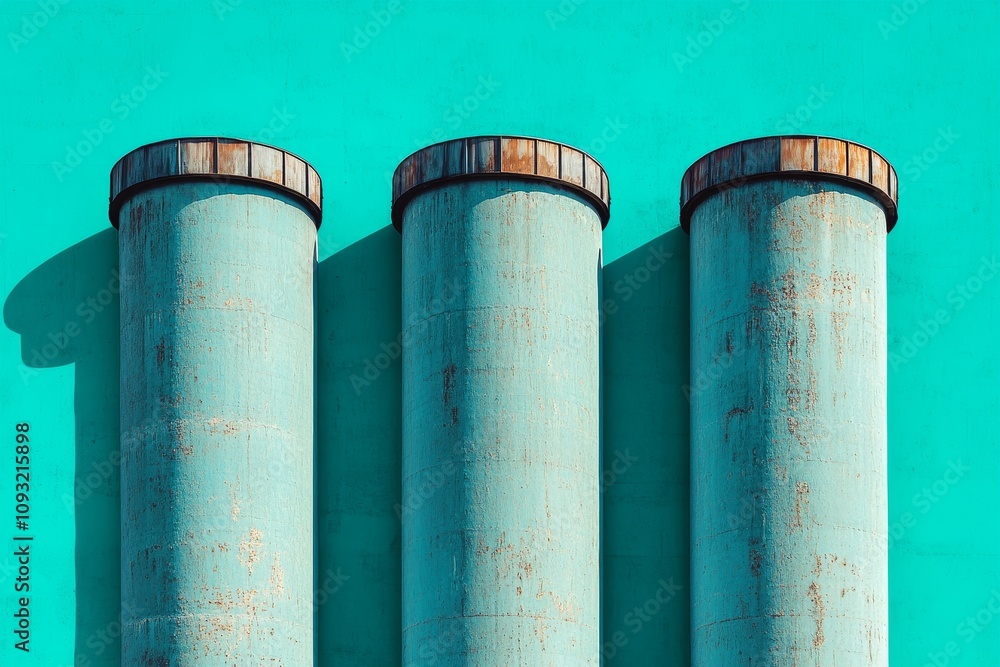 Three Tall Blue Industrial Silos Against Teal Wall - Three weathered ...