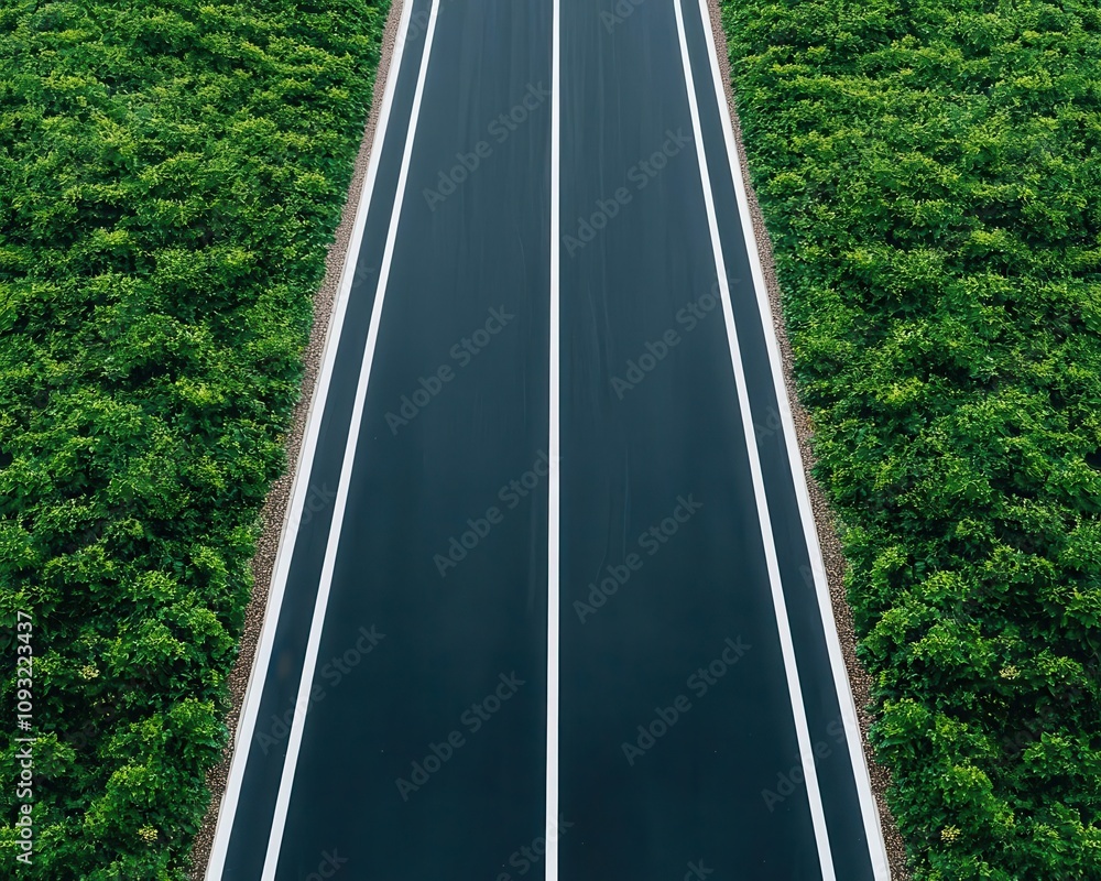 Asphalt road with fresh lane markings and clear signage, road markings ...