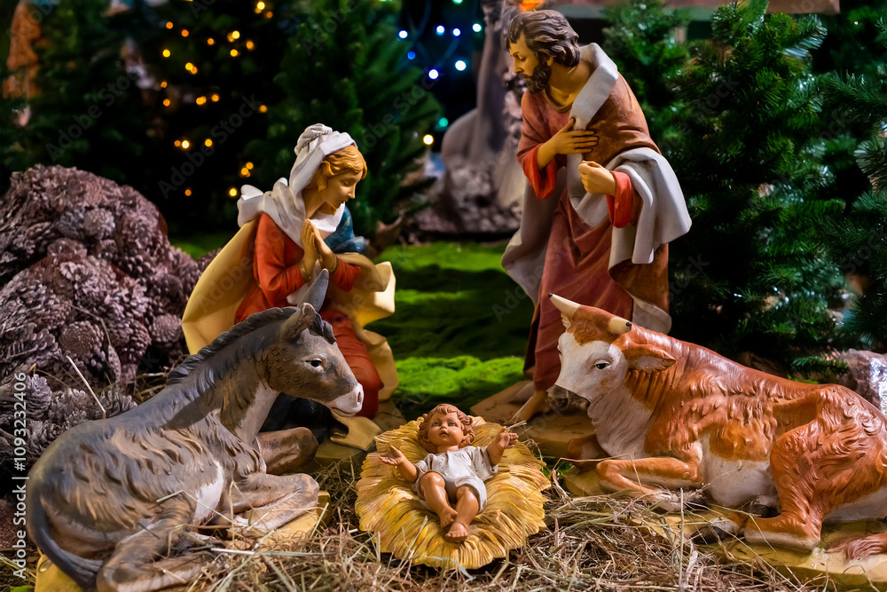 Christmas nativity scene with baby Jesus, Mary, Joseph, donkey and ox ...