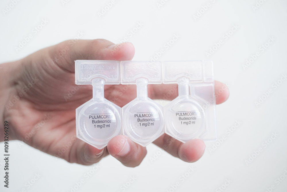 Balikpapan, November 11, 2024. Holding a bottle of Budesonide Budecort ...