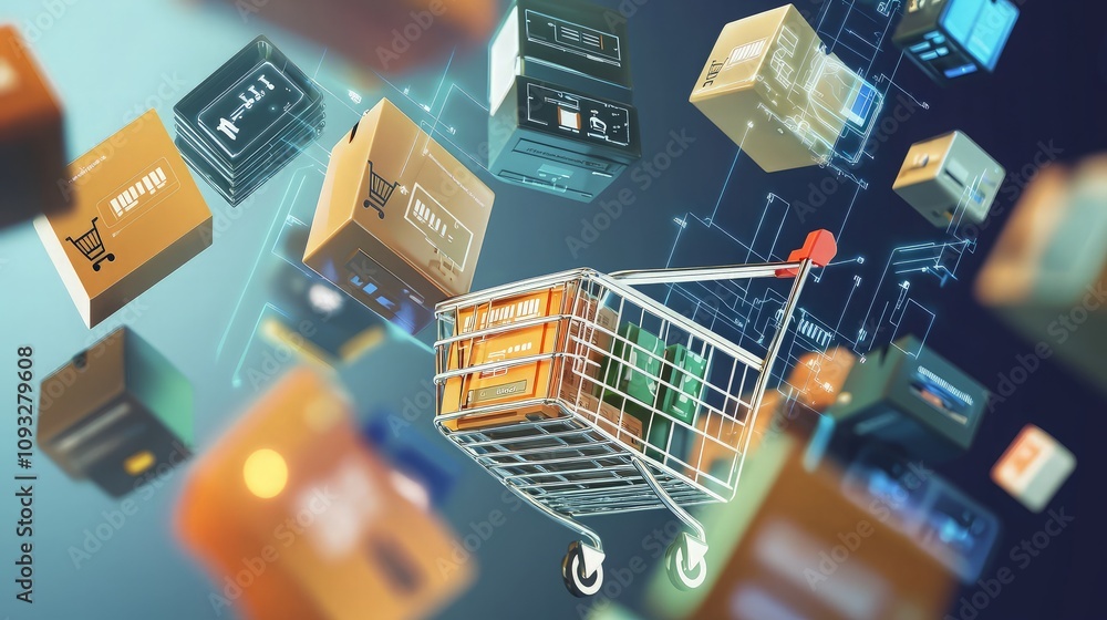 Online shopping cart with floating packages, depicting e-commerce and ...