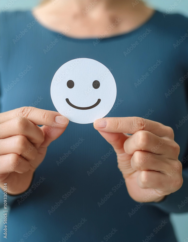 Hands holding happy smile face paper cut, good feedback rating,think ...
