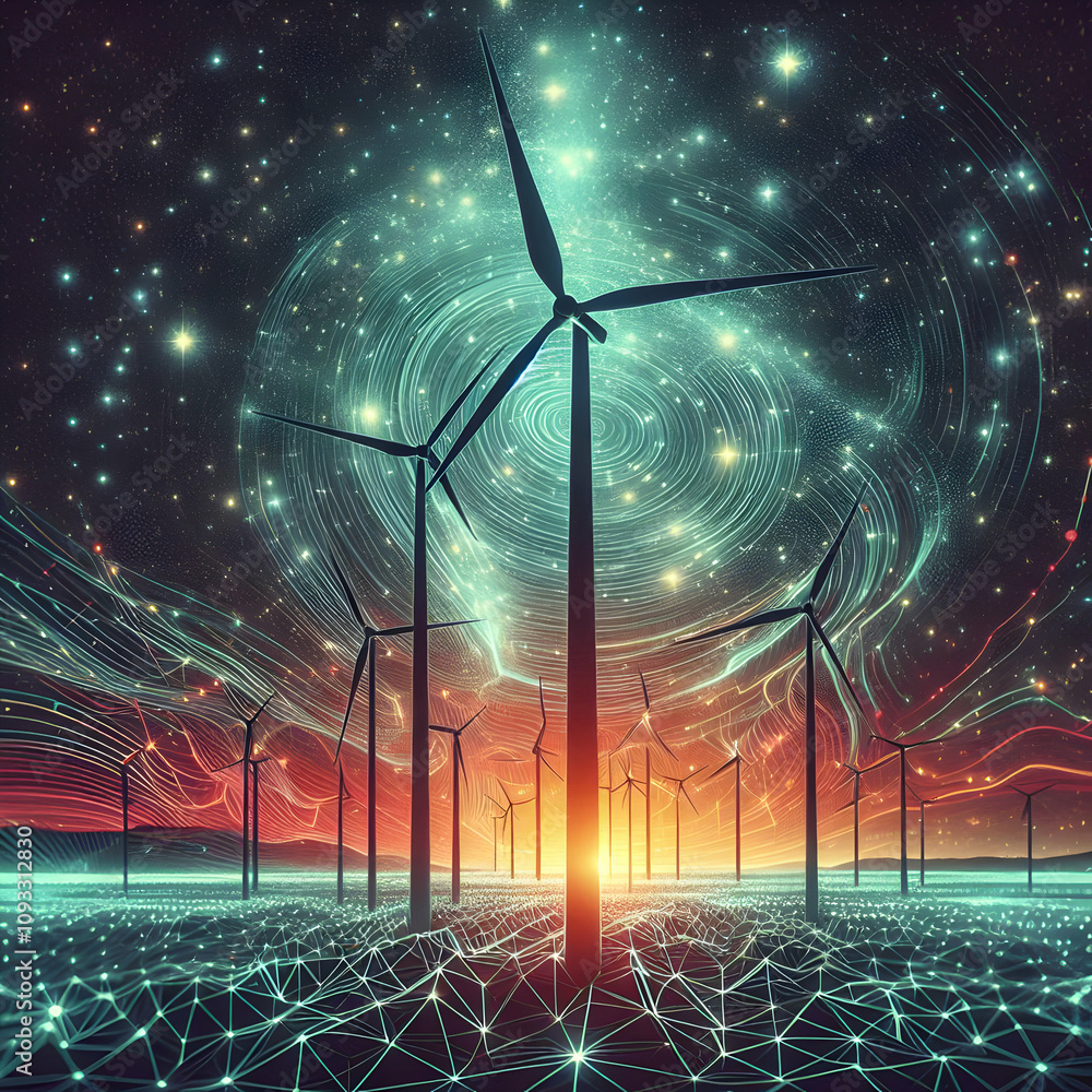 Glossy wind farm under glowing stars concept as A digitally enhanced ...