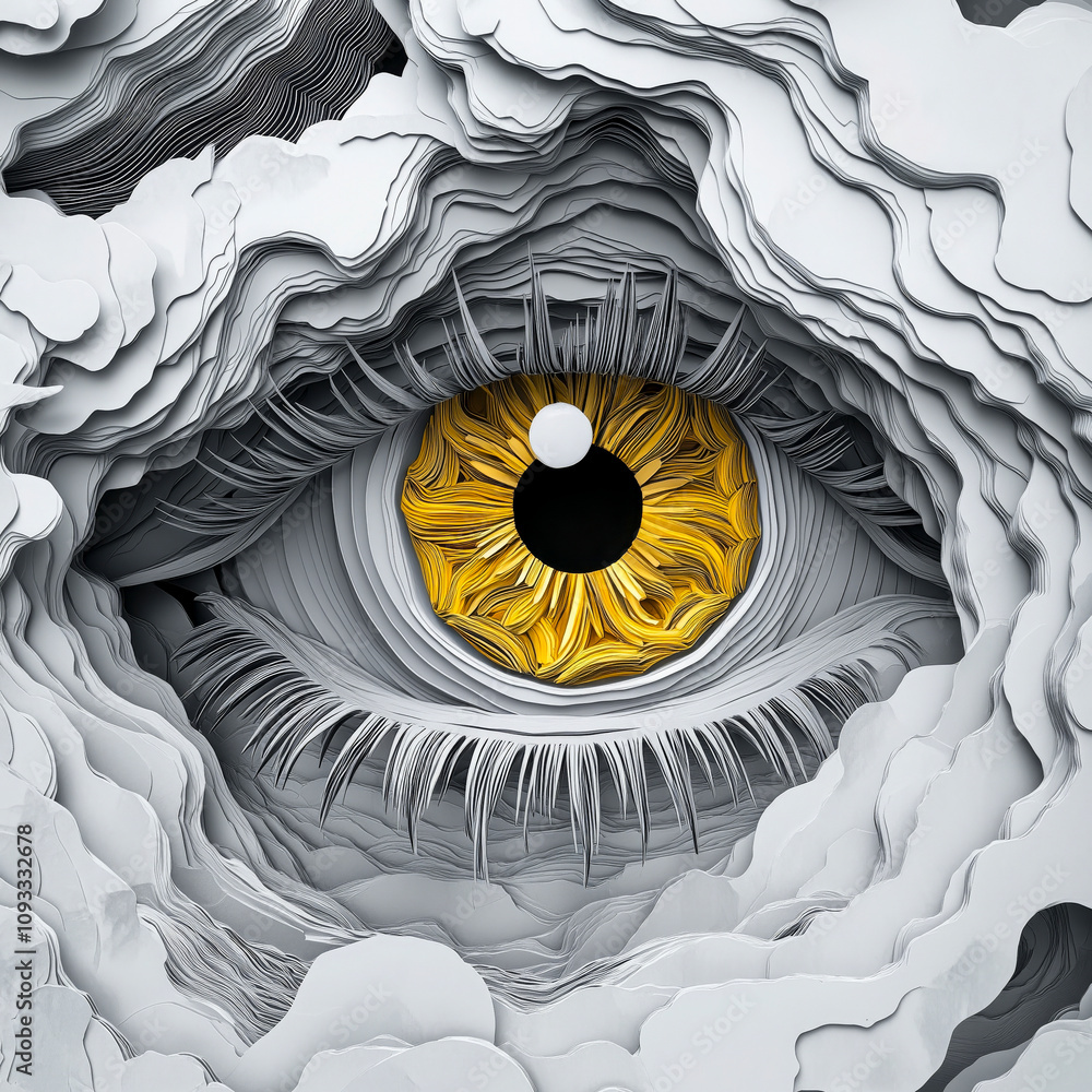 Artistic composition of a golden eye surrounded by intricate, layered ...