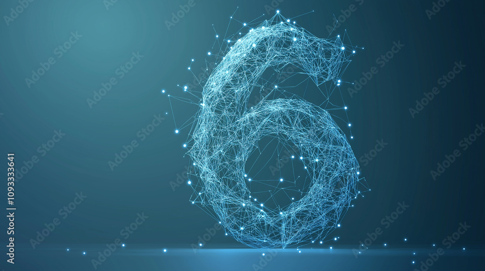 Number six text. Low poly wireframe illustration on technology blue ...