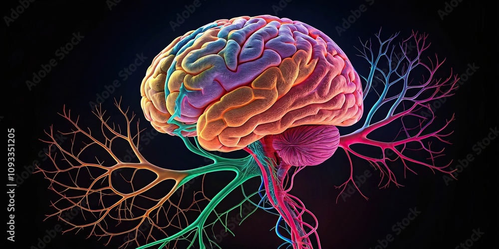 Colorful brain tissue with vibrant blood vessels and neurons on a black ...