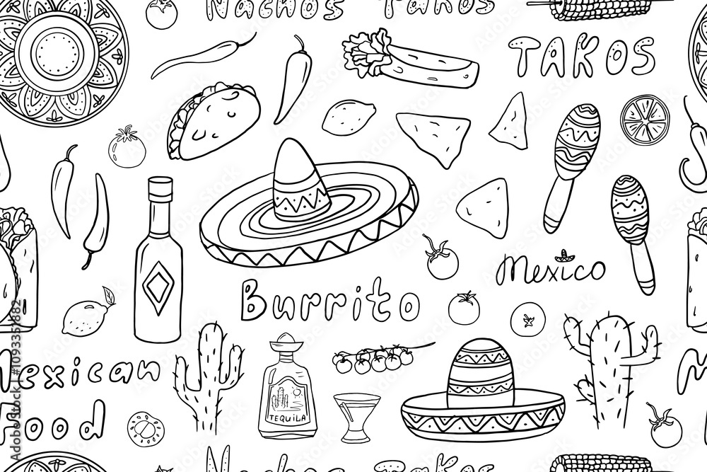 Seamless pattern of mexican theme in doodle style. Nachos, takos ...
