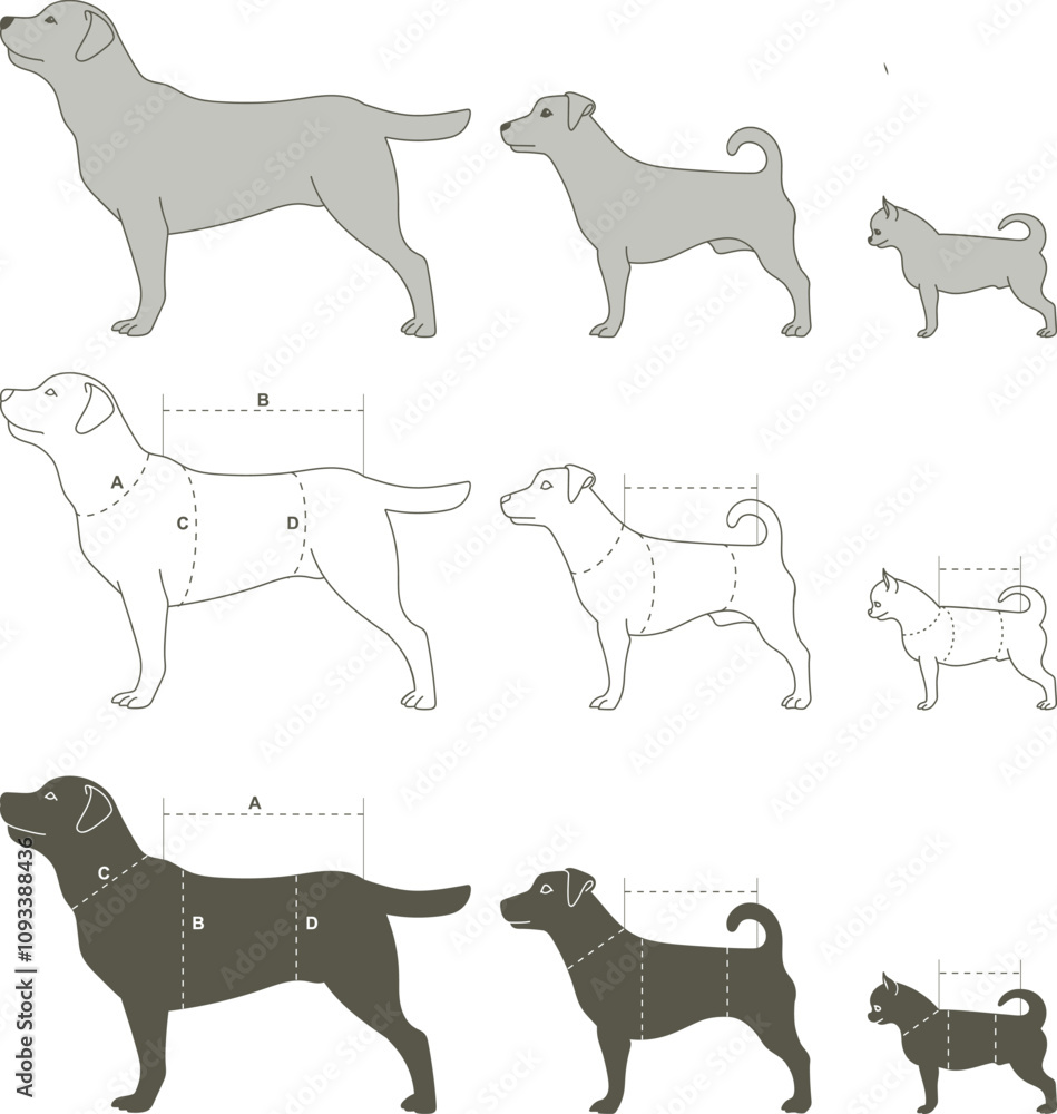 Various dog measurements for Size chart for Giant, medium and small ...
