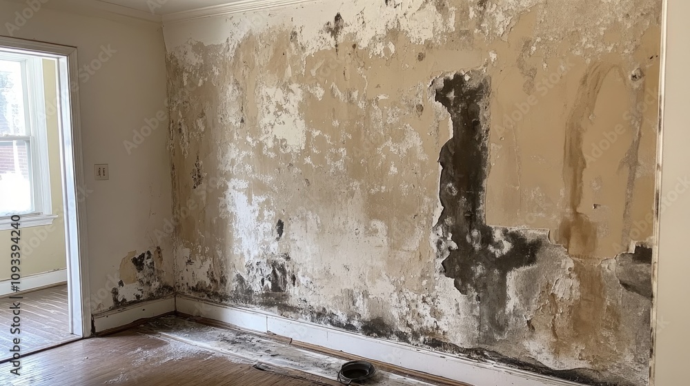 Severe mold and moisture damage on an interior wall revealing peeling ...