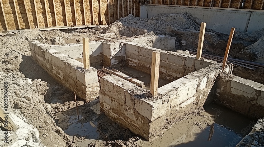 Construction site foundations featuring cement block pillars, poured ...