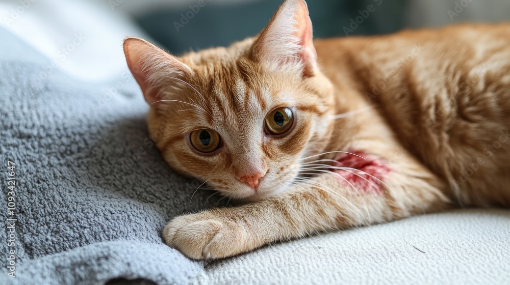 Playful ginger cat resting on a couch with a fresh bleeding shoulder ...