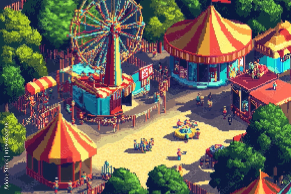 Pixel art carnival scene shows colorful tents rides, pixel characters ...