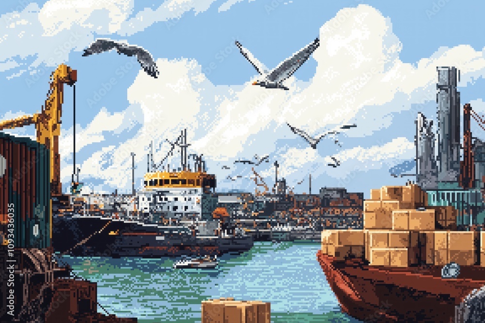 Pixel art harbor scene shows busy port activity. Ships unload crates ...