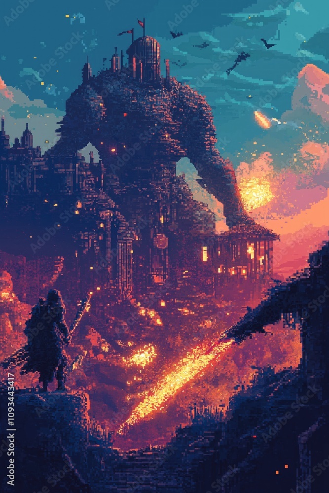 Epic pixel art fantasy battlefield. Giant creature attacks city ...