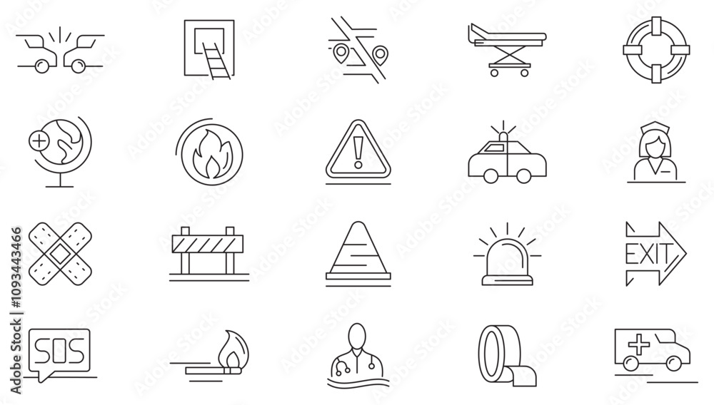Emergency line icon set. Accidents, natural disasters, rescue services ...