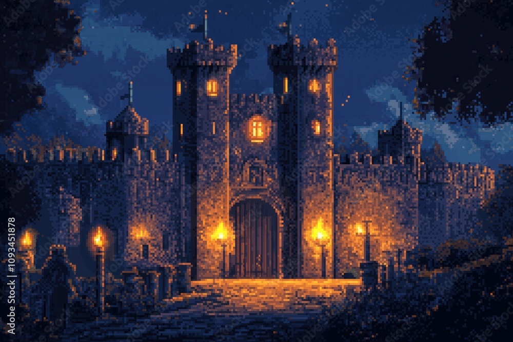 Ilustración de Stock Pixel art medieval castle at night. Glowing torches illuminate entrance ...