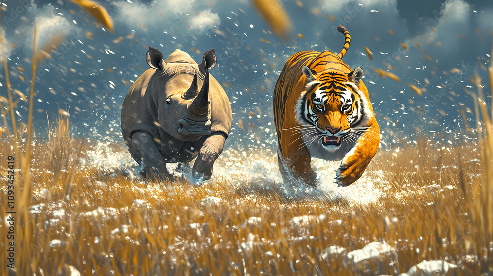 Illustration of a photo of a wild animal, a tiger running and being ...