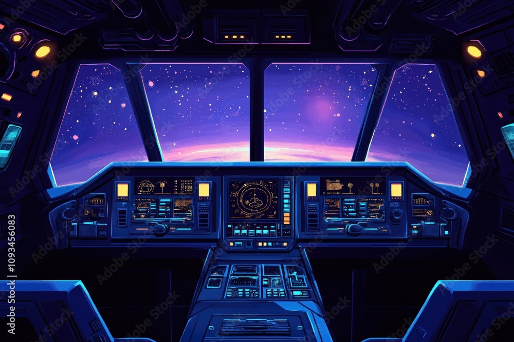 Pixel art spaceship cockpit. Night view through window shows starry sky ...