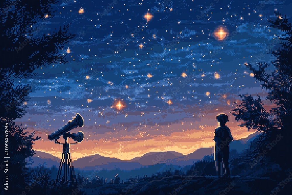 Pixel art illustration shows person stargazing. Glowing constellations ...