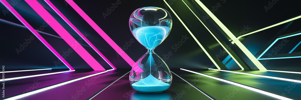 Hourglass with electric blue sand illuminated by neon pink and green ...