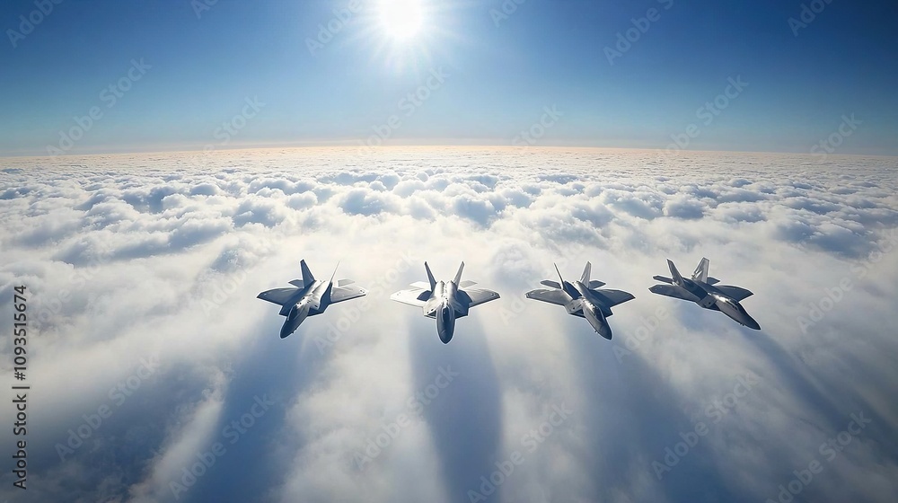 Four fighter jets flying in formation above the clouds under a bright ...
