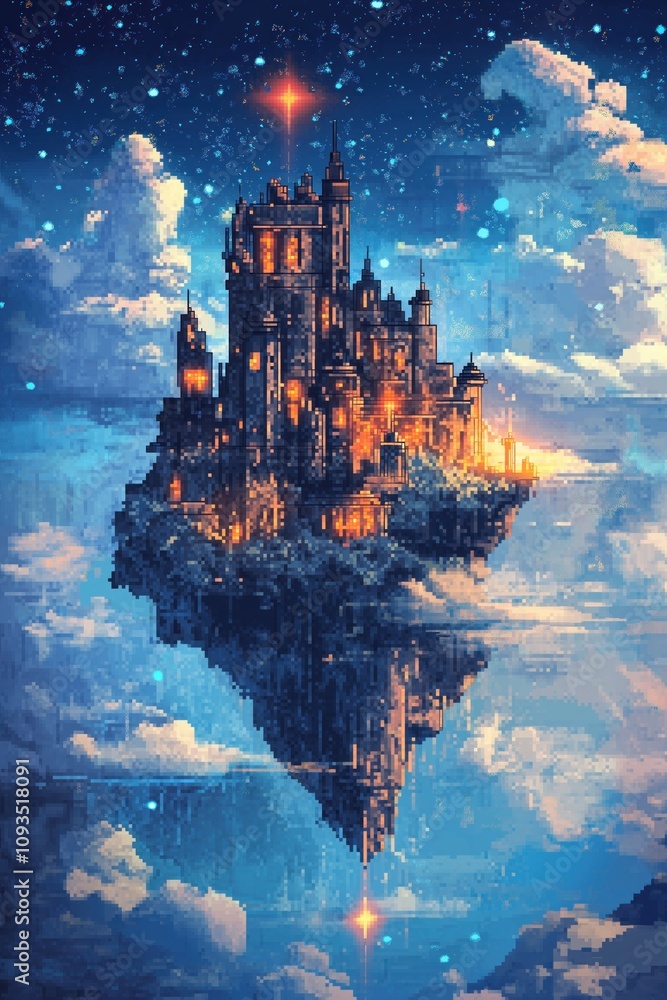 Enchanted pixel art castle floats in sky. Magical runes glow around ...