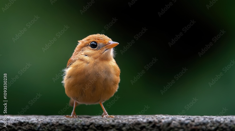 A curious bird glances to the side, against a lush backdrop, embodying ...