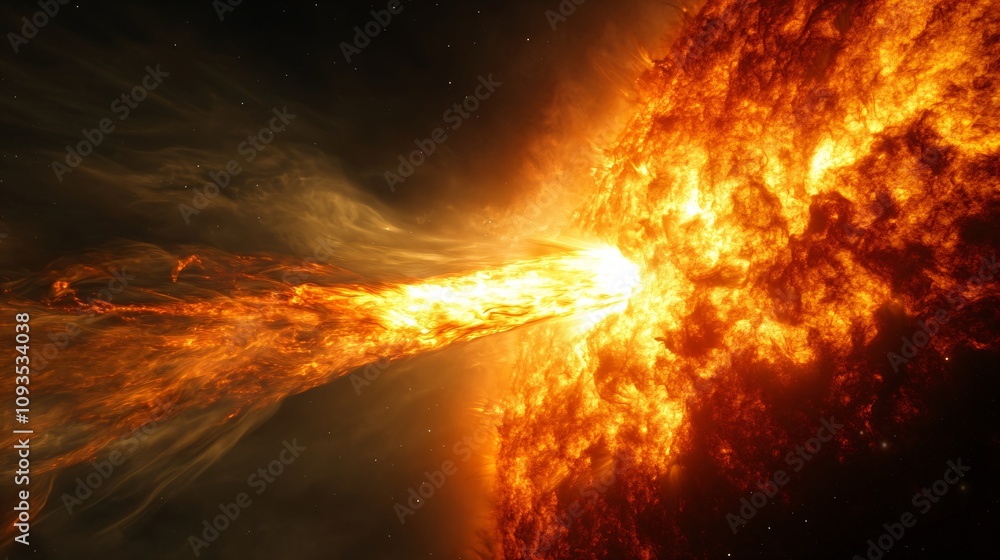 Massive solar flare eruption in space with bright orange flames and ...