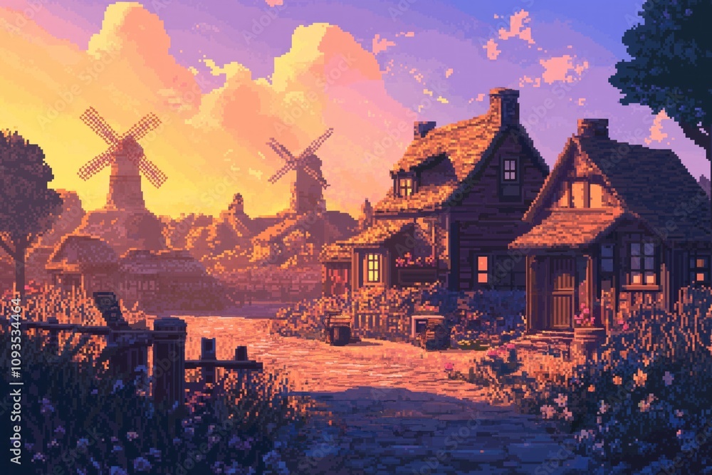 Cozy pixel art village at sunrise. Windmills stand tall beside ...