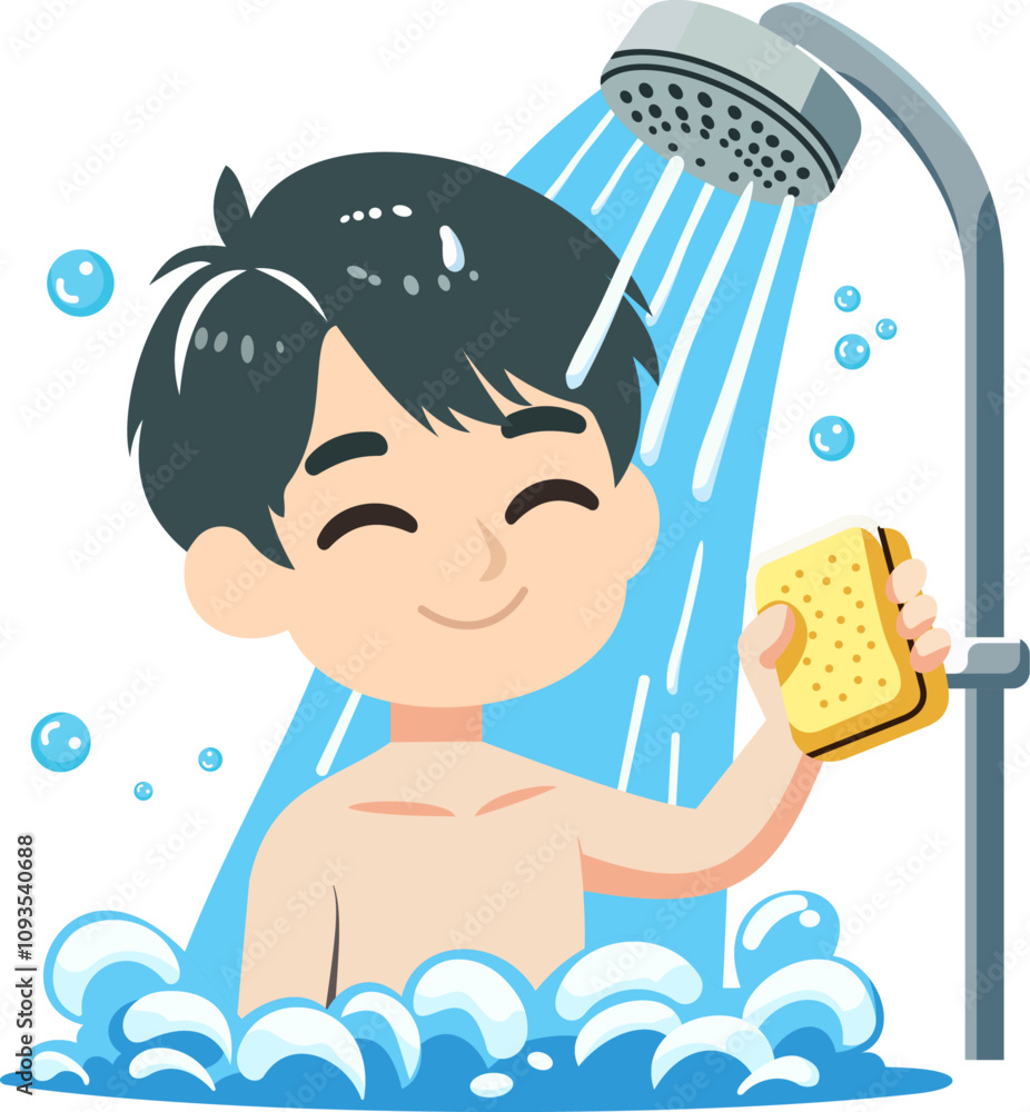 flat vector Illustration of a Happy Child Taking a Shower with a Sponge ...