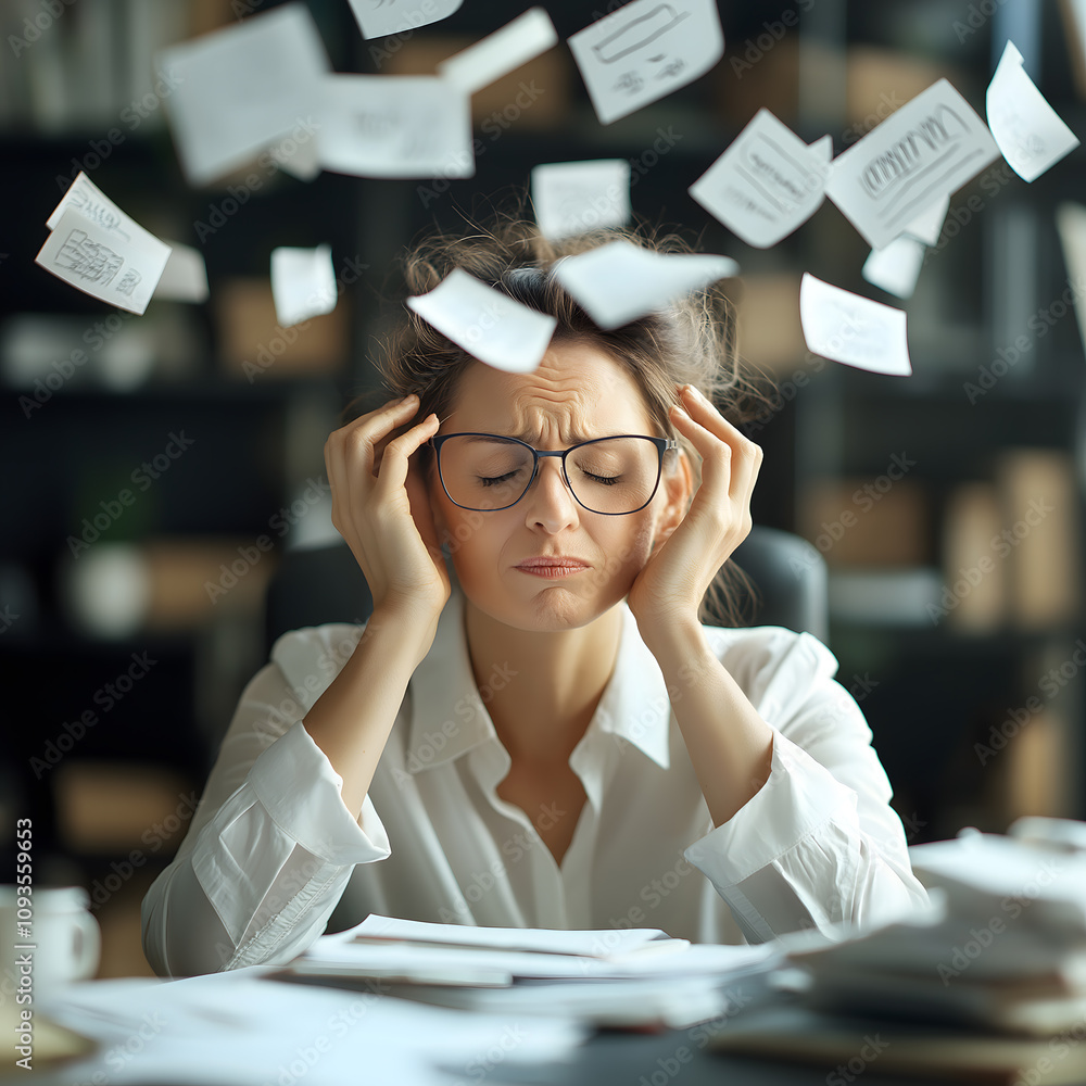 Stress sign in woman boss. A stressed woman sits at a cluttered desk ...