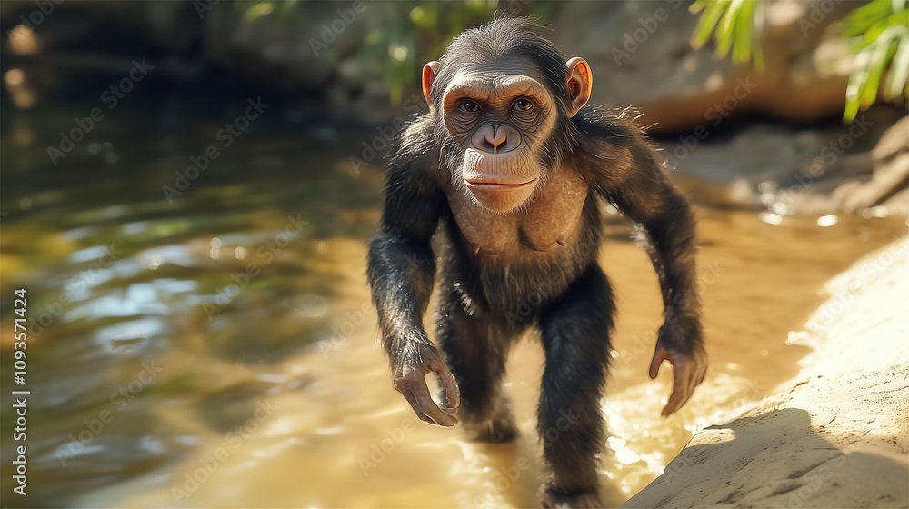 Australopithecus afarensis walking on a prehistoric riverbank ...