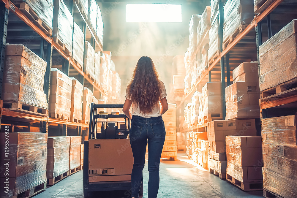 Female warehouse worker pulling pallet jack through a distribution ...