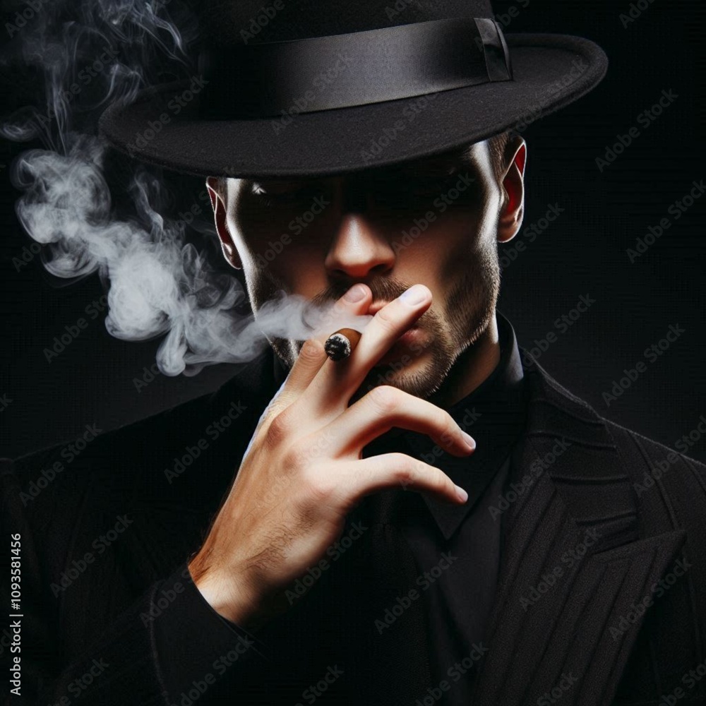 Stock-Foto „poster of a mafia boss smoking a cigar wearing an all black ...