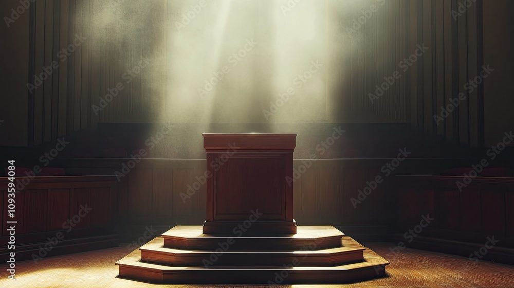 Wooden lectern on tiered platform in a dimly lit hall, illuminated by ...