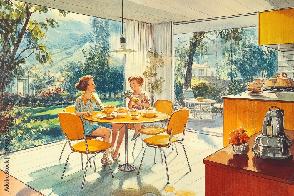 1960s family enjoys sunny breakfast in modern home with outdoor view ...