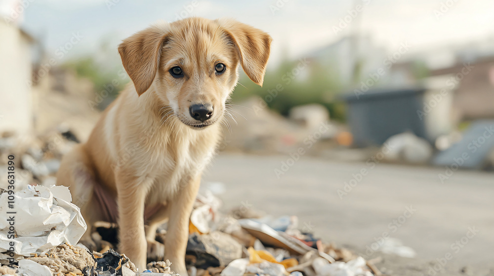 Sad puppy sits on garbage in a dirty urban area, symbolizing neglect ...