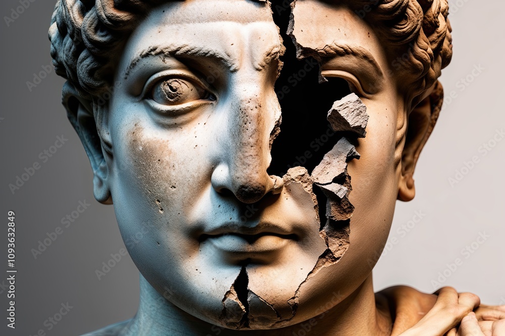 Deteriorating Chipped Ancient Greek Statue Face and Its Reflection on ...