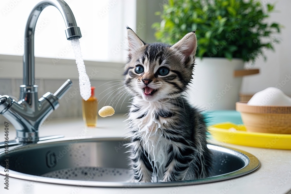 Cute Kitten Enjoying a Bath in a Sink with Fresh Suds and a Playful ...